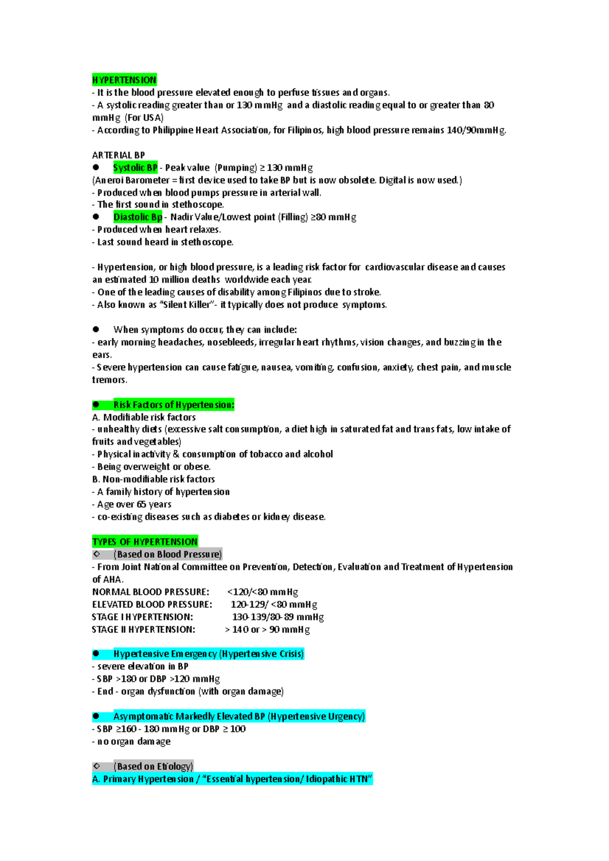 Hypertension-reviewer side notes - Pharmacology 1 - OLFU - Studocu