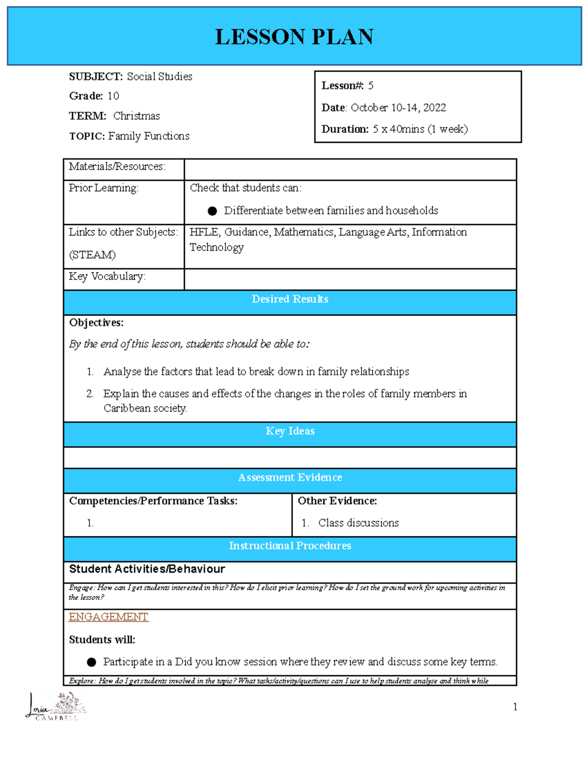 Gr. 10 Oct. 10-14 Lesson 5 - Roles and responsibilities - SUBJECT ...