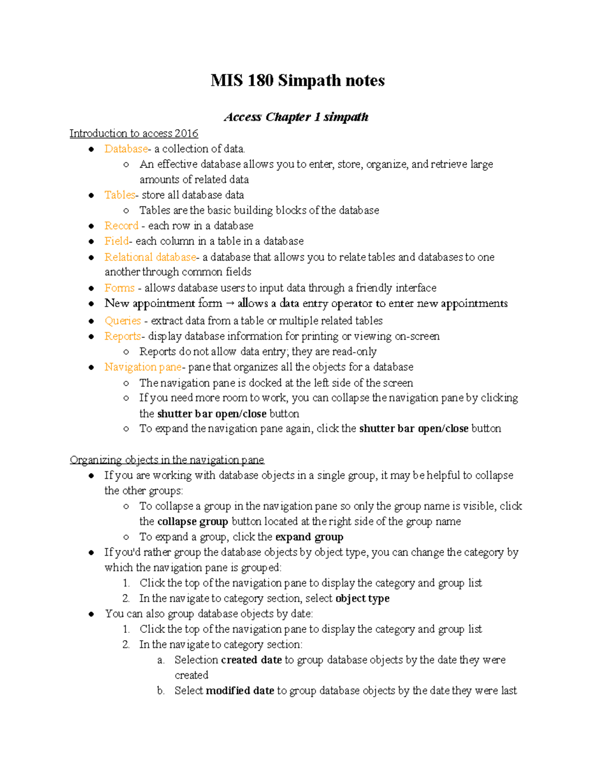 MIS 180 Simpath notes - MIS 180 Simpath notes Access Chapter 1 simpath ...
