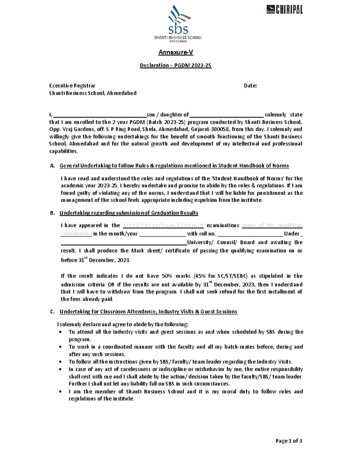 Annexure-5 Student Undertaking - Page 1 of 3 Annexure-V Declaration – PGDM 2023- Executive ...