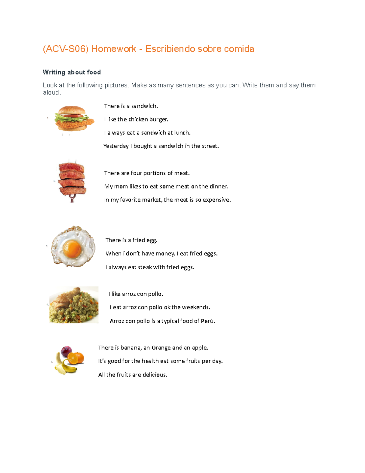 (ACV-06) Escribiendo sobre comidas - (ACV-S06) Homework - Escribiendo ...