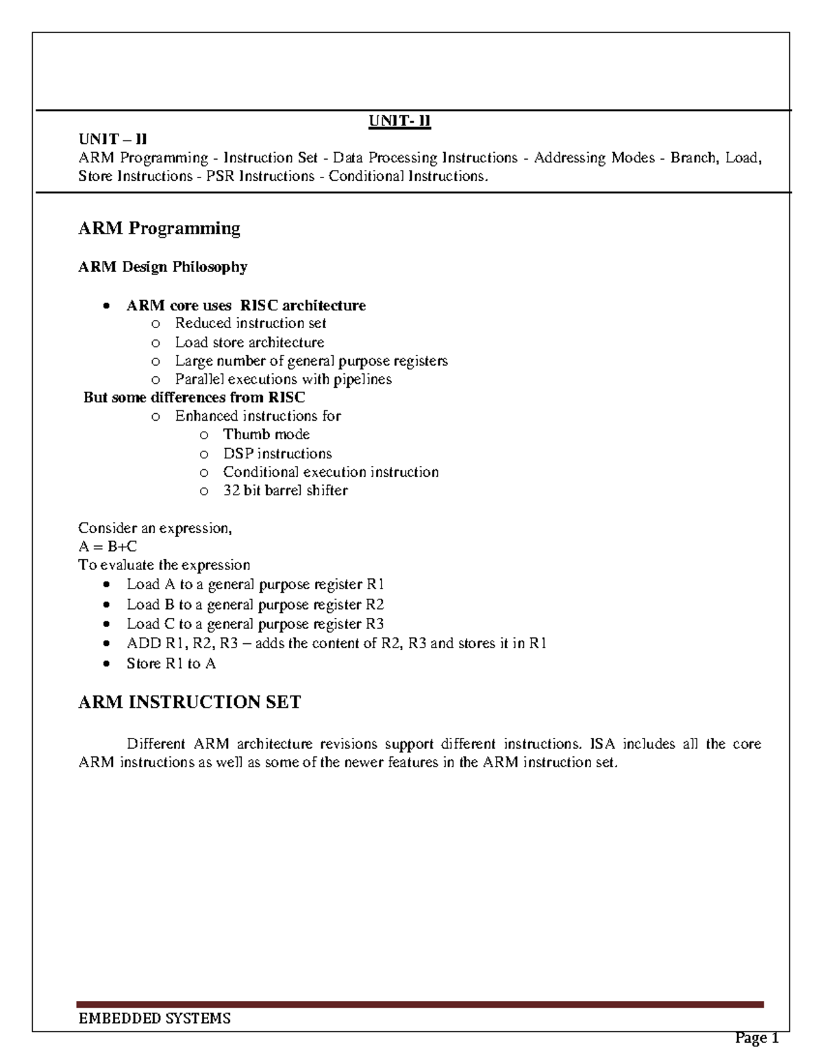 ES(U2) - EMBEDDED SYSTEMS LECTURE NOTES - EMBEDDED SYSTEMS UNIT- II ...