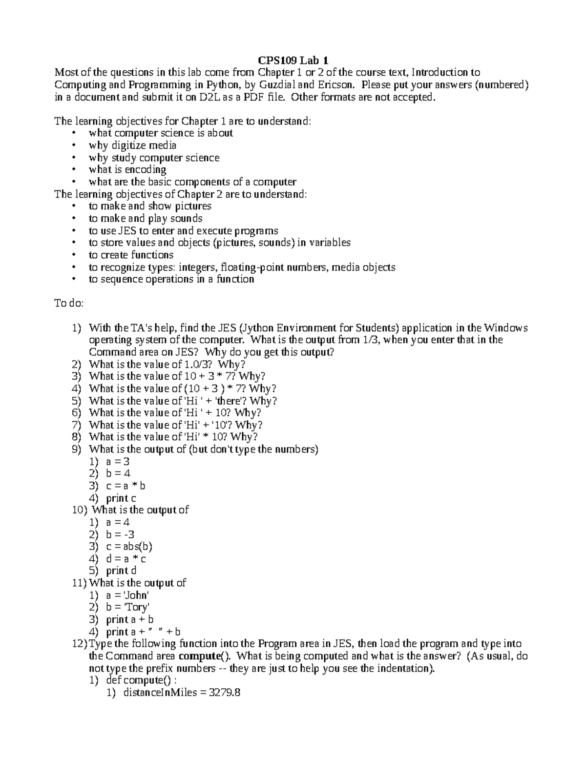 Lab1 - CPS109 Lab 1 Most of the questions in this lab come from Chapter 1 or 2 of the course ...
