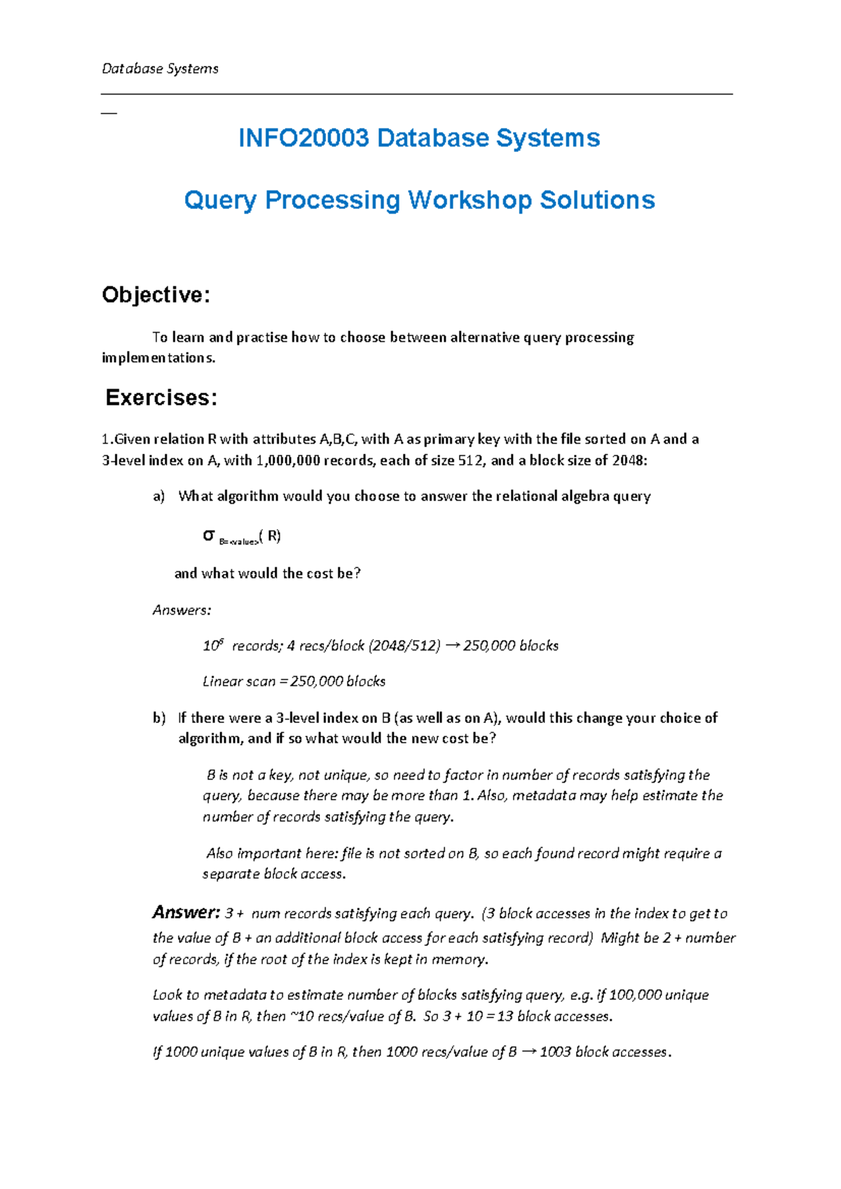 Sample/practice exam 2015, questions - Database Systems __ Database Systems Query Processing ...