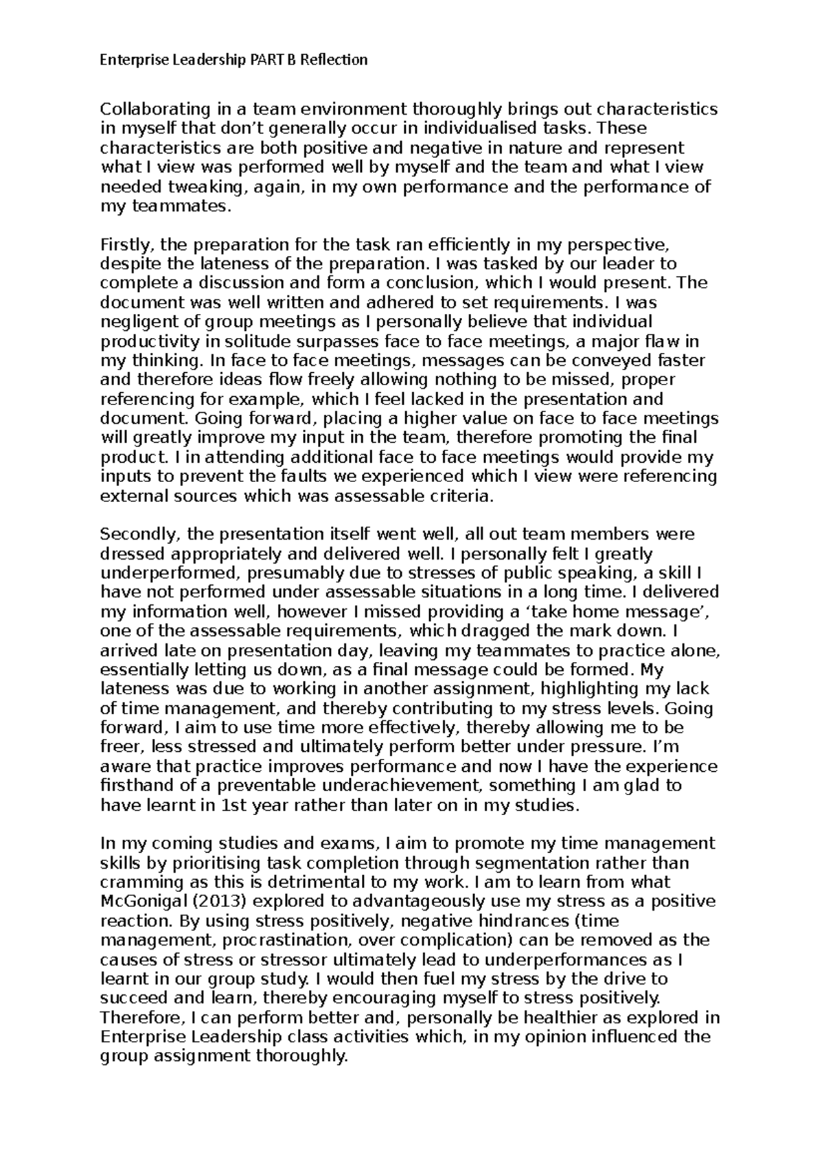 Enterprise Leadership PART B Reflections - Enterprise Leadership PART B ...