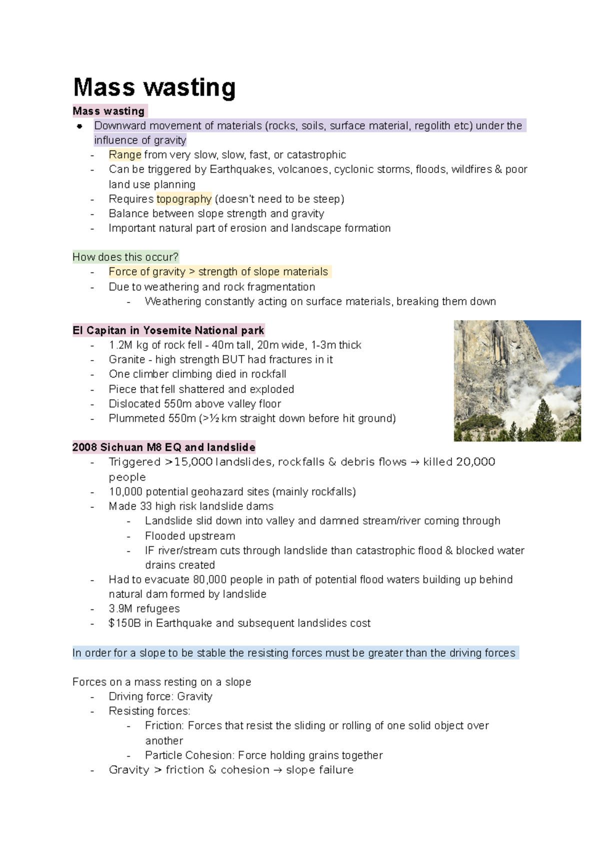 Mass Wasting lecture notes - Mass wasting Mass wasting Downward ...