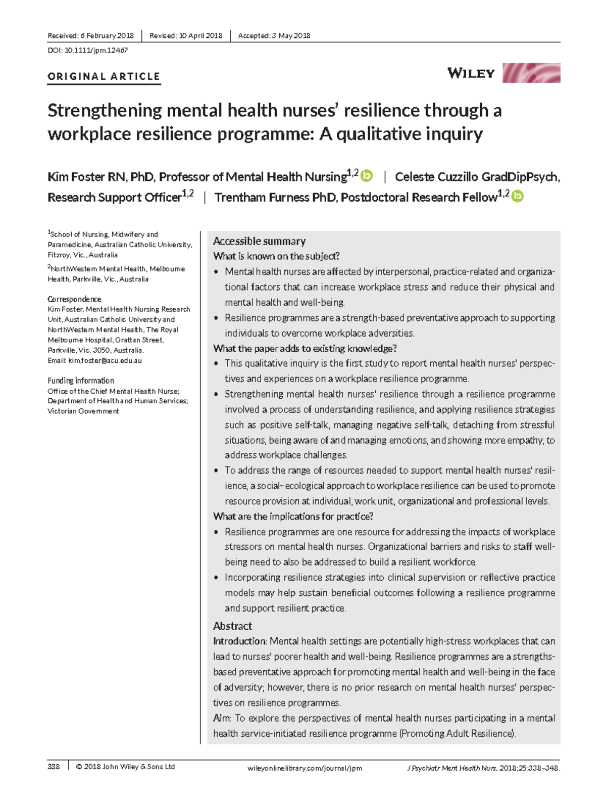 Foster et al qual resil 2018 - 338 | wileyonlinelibrary/journal/jpm ...