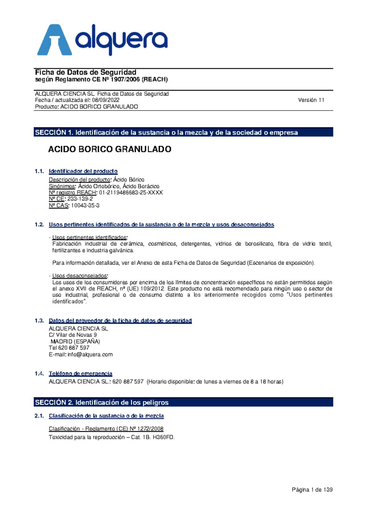 MSDS Acido Borico Granulado Alquera - SECCIÓN 1. Identificación de la ...
