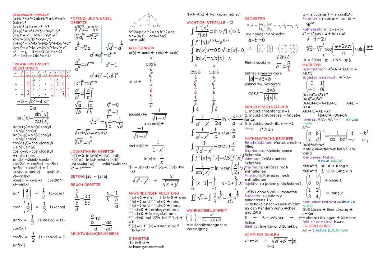 Mathe Formelsammlung - ALLGEMEINE FORMELN (a+b) 2 =a 2 +2ab+b 2 (a-b) 2 ...