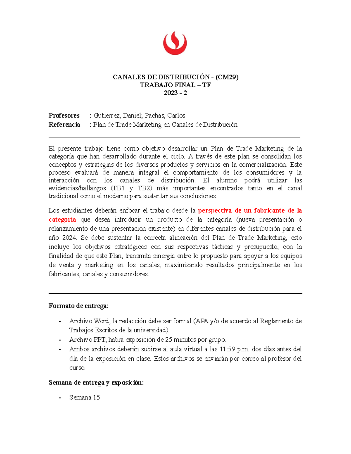CM29 Trabajo Final y Rúbrica - 2023 2 - CANALES DE DISTRIBUCIÓN - (CM29 ...