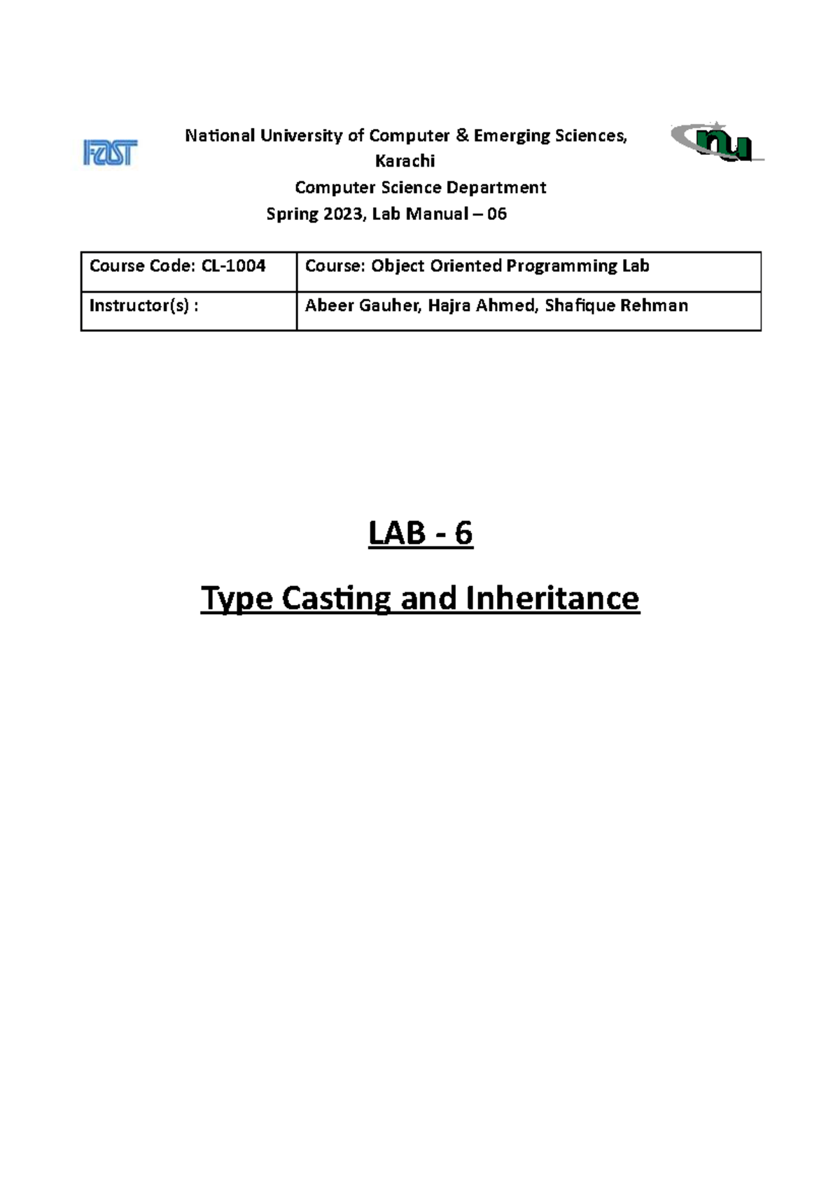 Lab Manual 6 - Casting and Inheritance - National University of ...