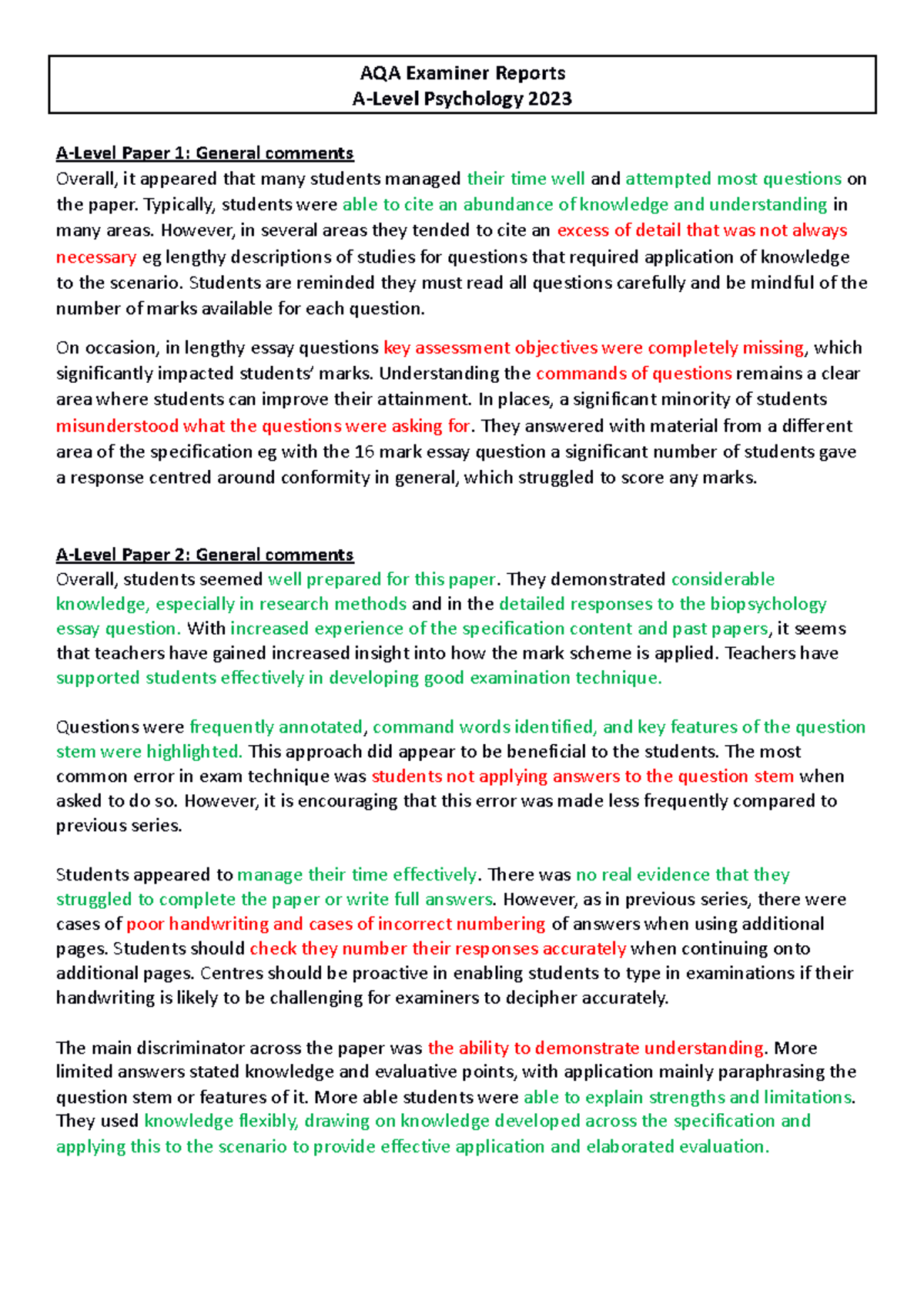 AQA Examiner Reports (2022) - AQA Examiner Reports A-Level Psychology ...