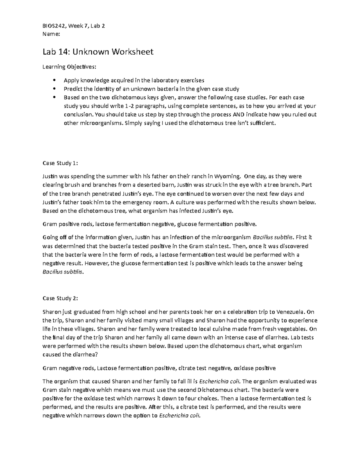 BIOS242 Lab 14 Unknown bacteria - BIOS242, Week 7, Lab 2 Name: Lab 14 ...