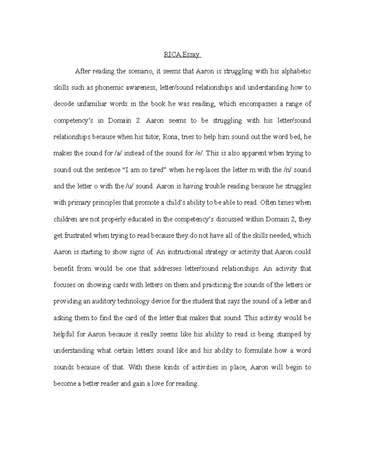 Edmu 520 RICA essay - Grade: A - RICA Essay After reading the scenario ...