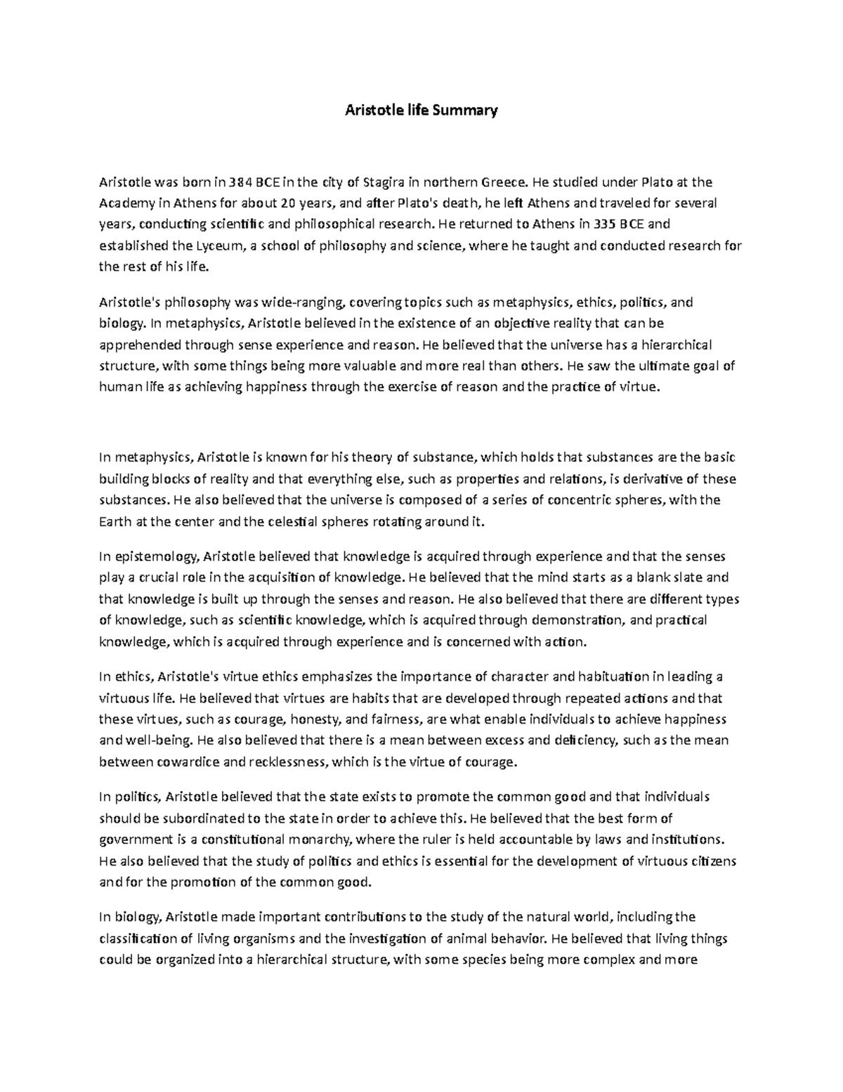 Aristotle life Summary - Aristotle life Summary Aristotle was born in ...