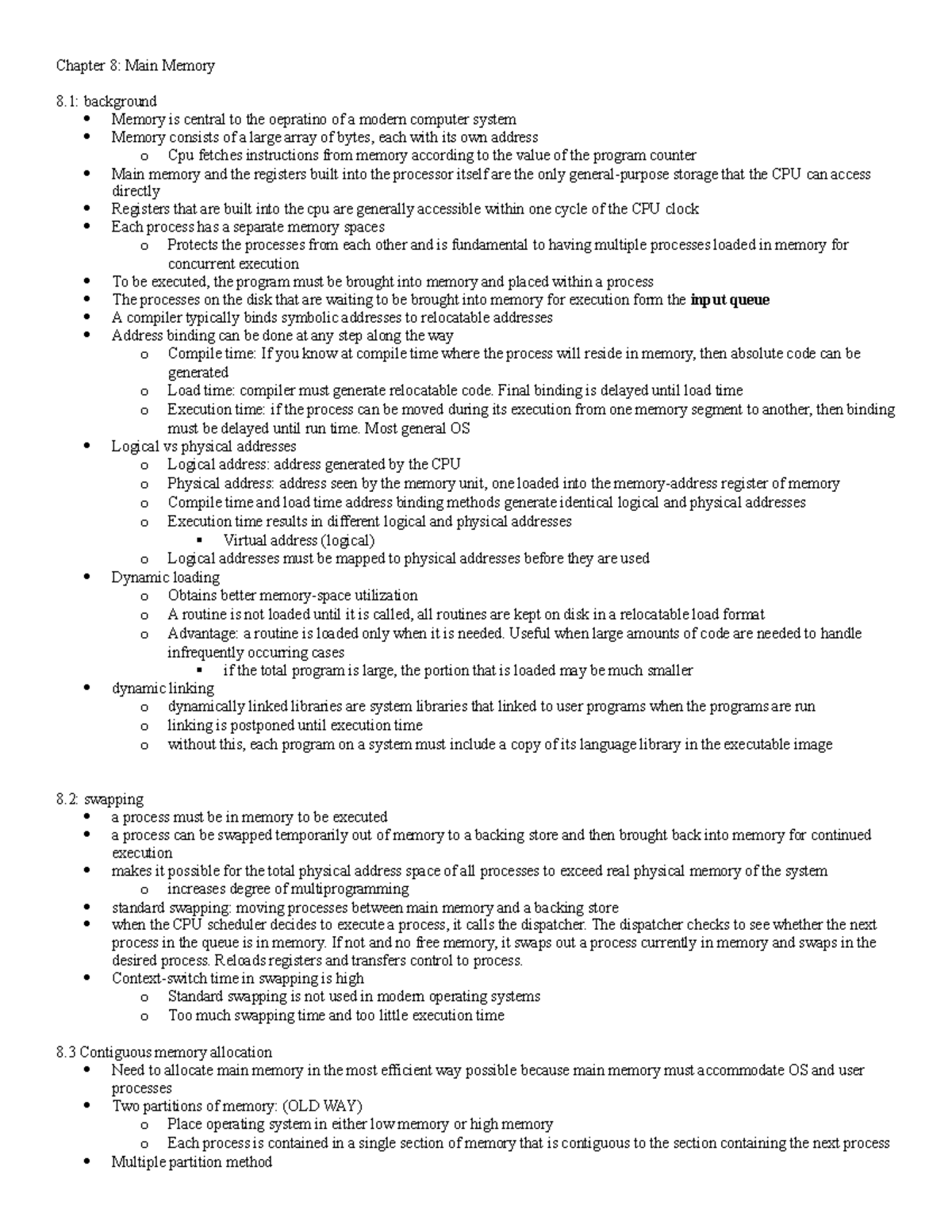 Final Review - Chapter 8: Main Memory 8: background Memory is central ...