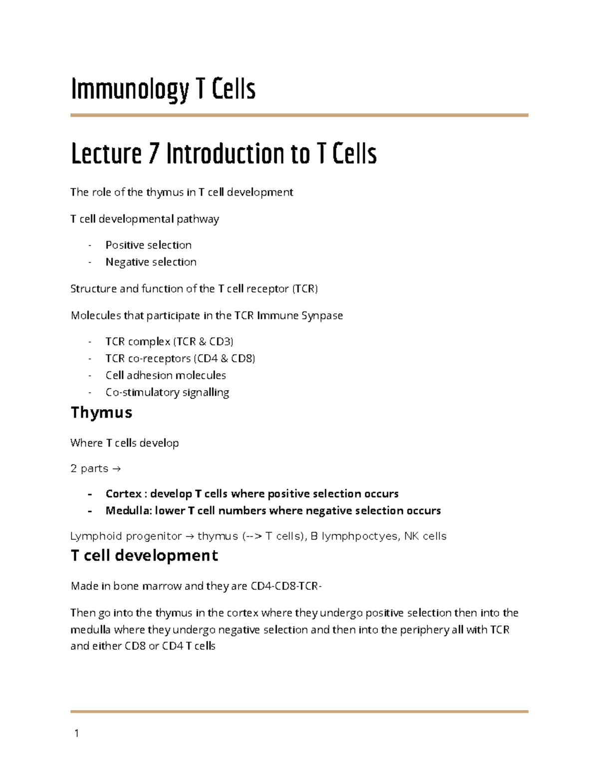 Immunology Lec 7 9 Lecture Notes 7 9 Immunology T Cells Lecture 7