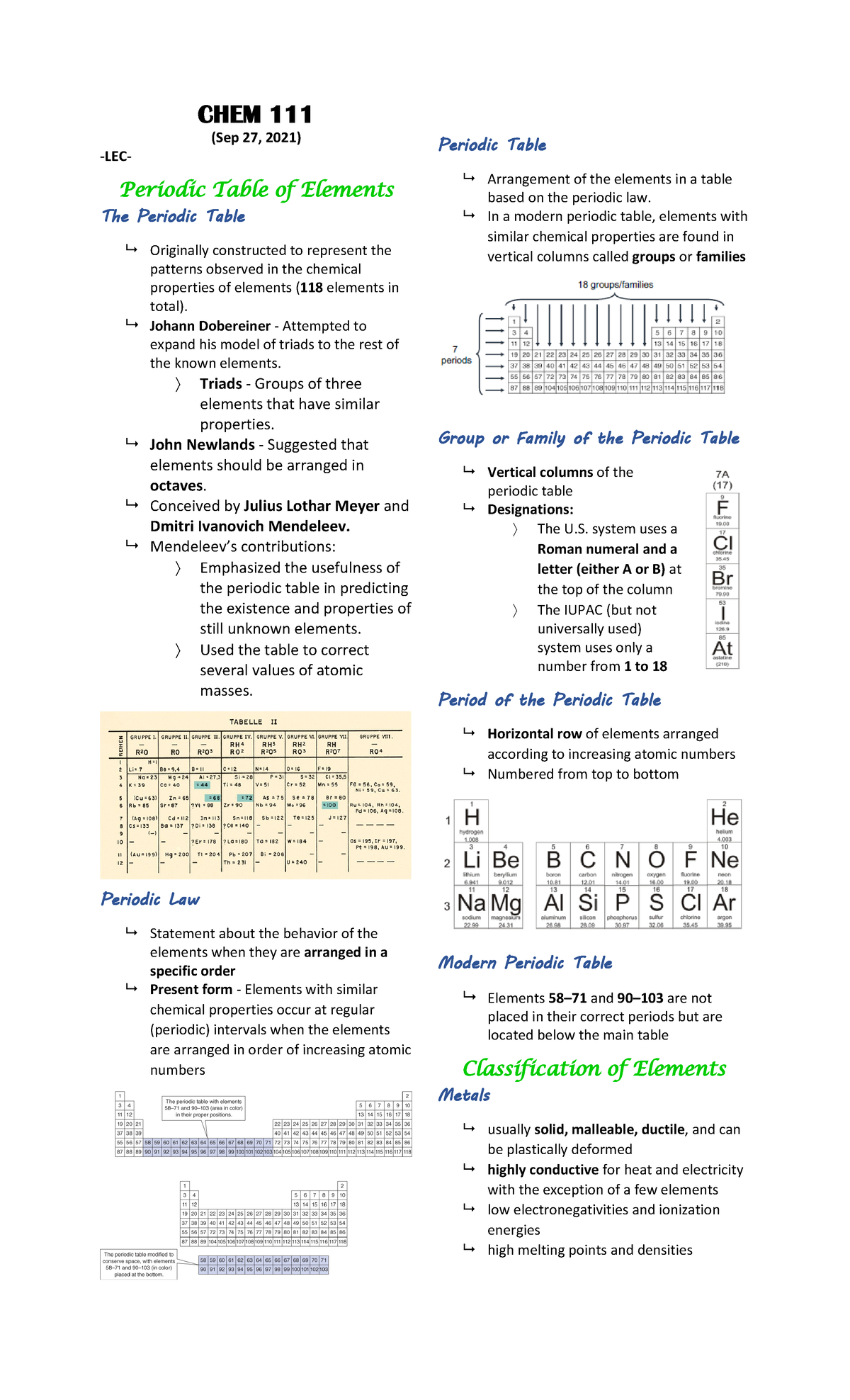 CHEM 111 Week 4 - Chem - CHEM 111 (Sep 27 , 2021) -LEC- Periodic Table ...