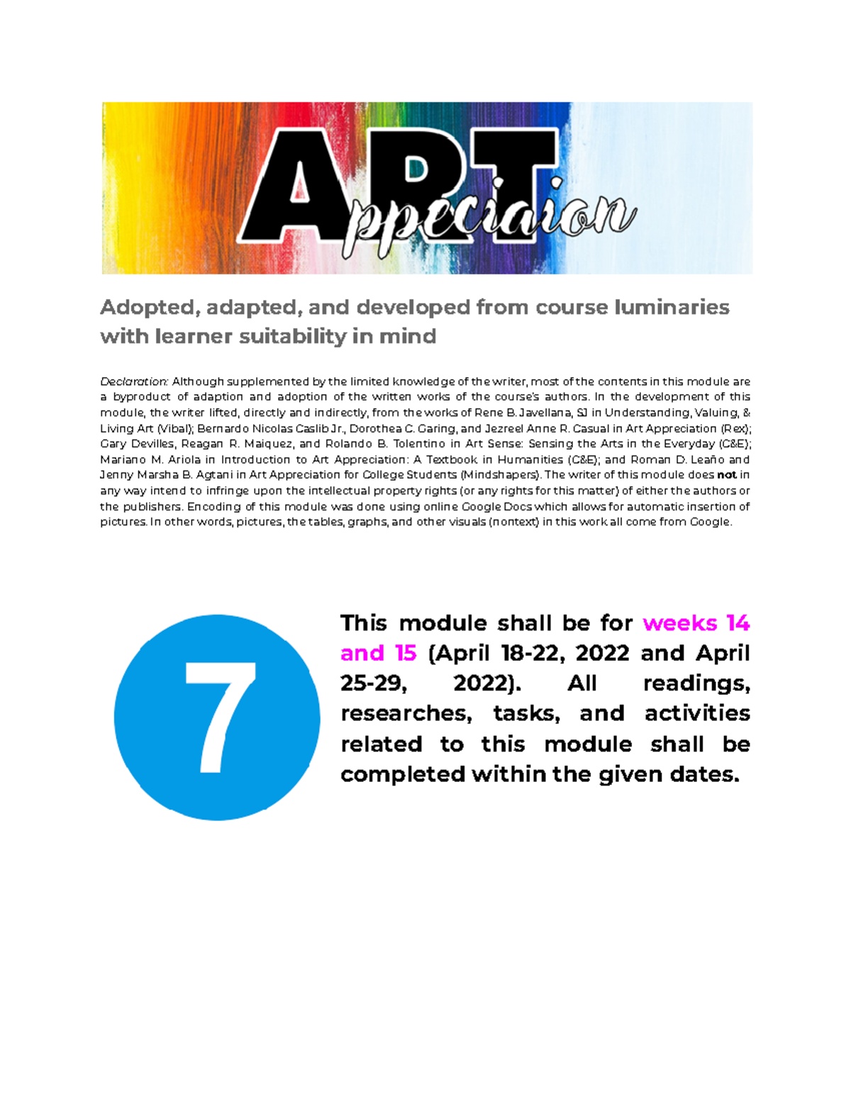 7 Artapp M1415 WK14-15 - Module 7 Art Appreciation - Adopted, adapted, and developed from course ...
