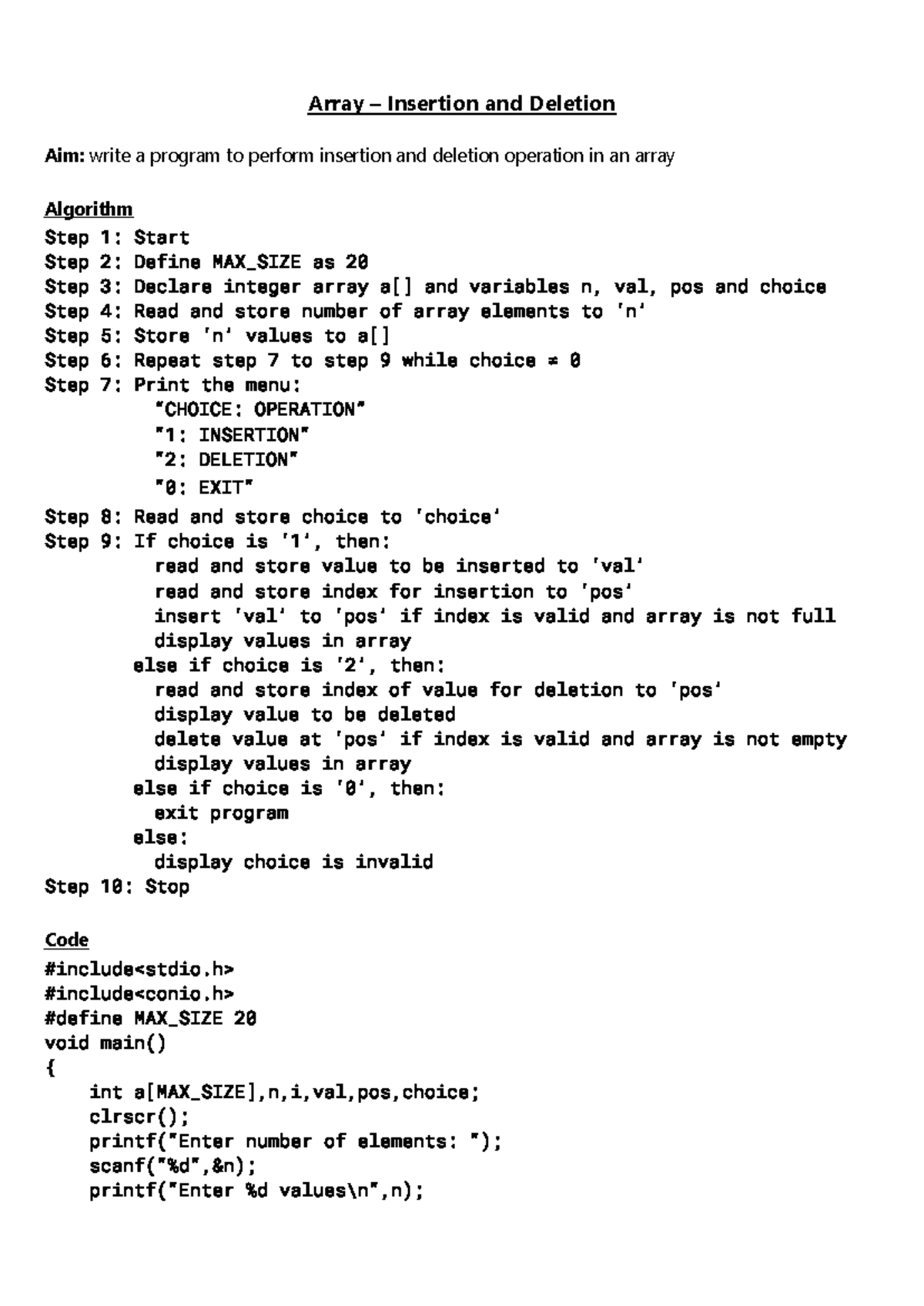 Array ins del - This is the DS code - Array – Insertion and Deletion Aim: write a program to ...