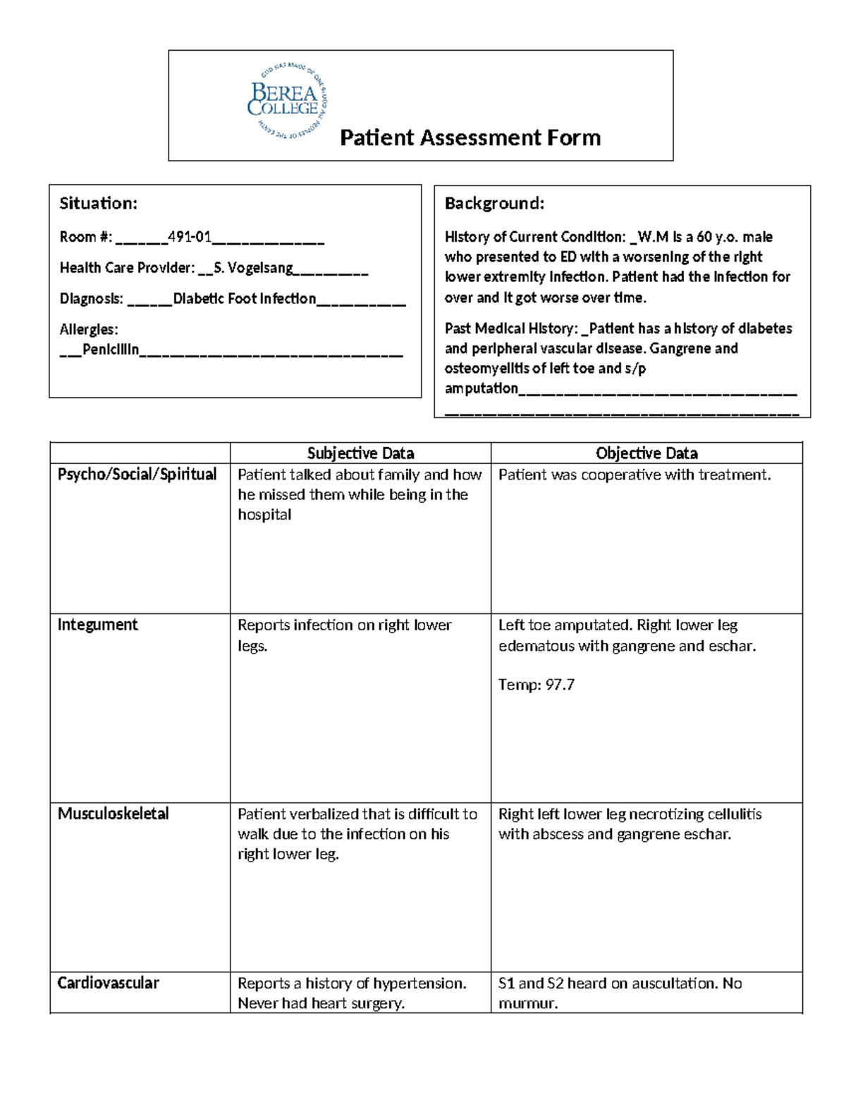 Patient Assessment Form - P Subjective Data Objective Data Psycho ...