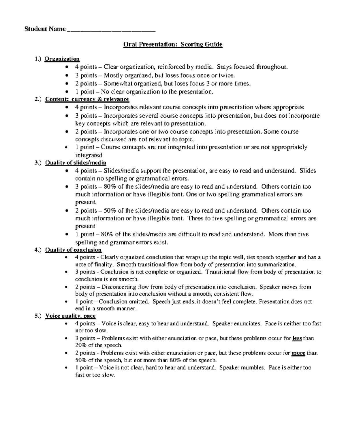 Oral Rubric - Student Name __________________________ Oral Presentation ...