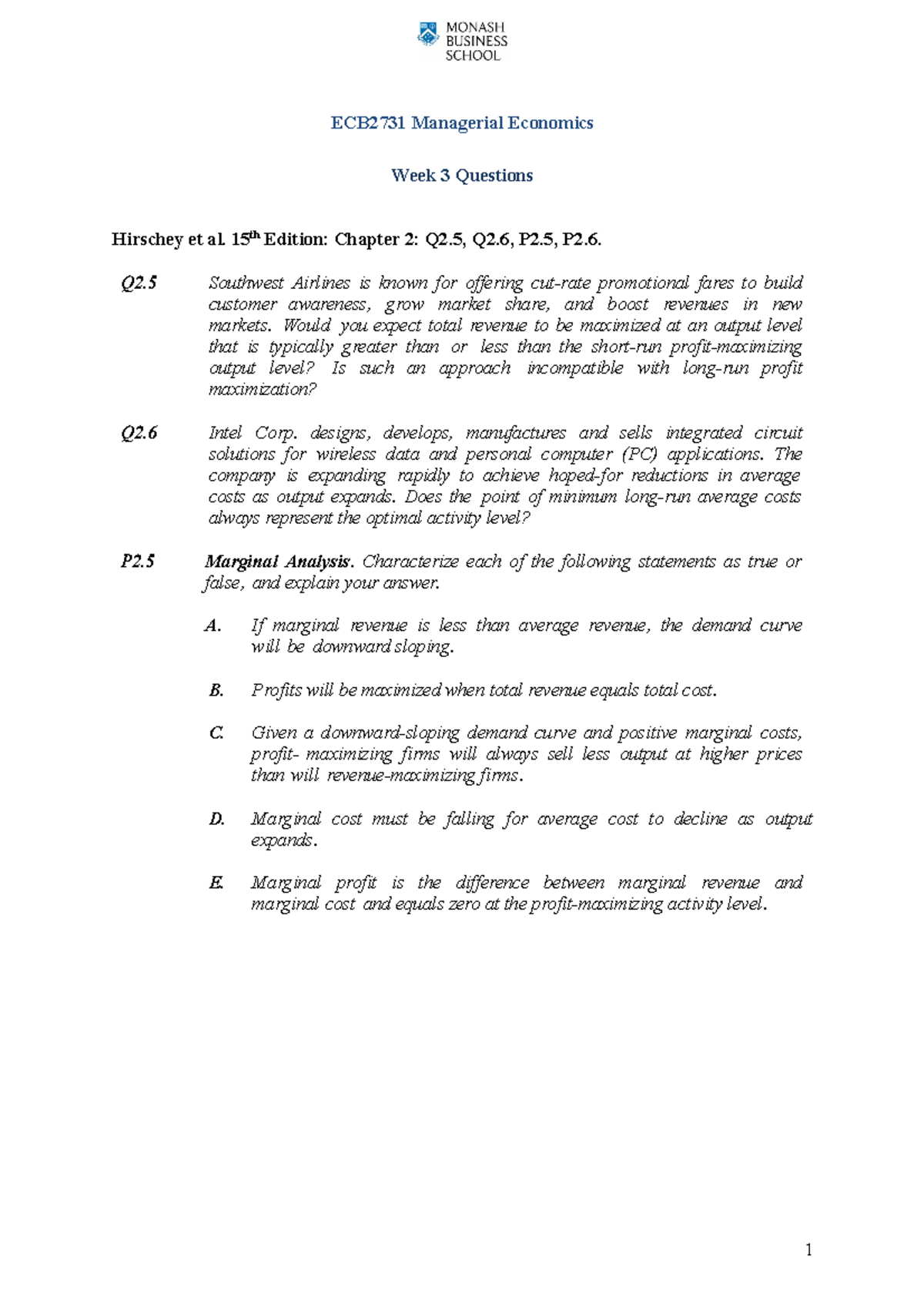 Week 3 economic optimisation questions - ECB2731 Managerial Economics ...