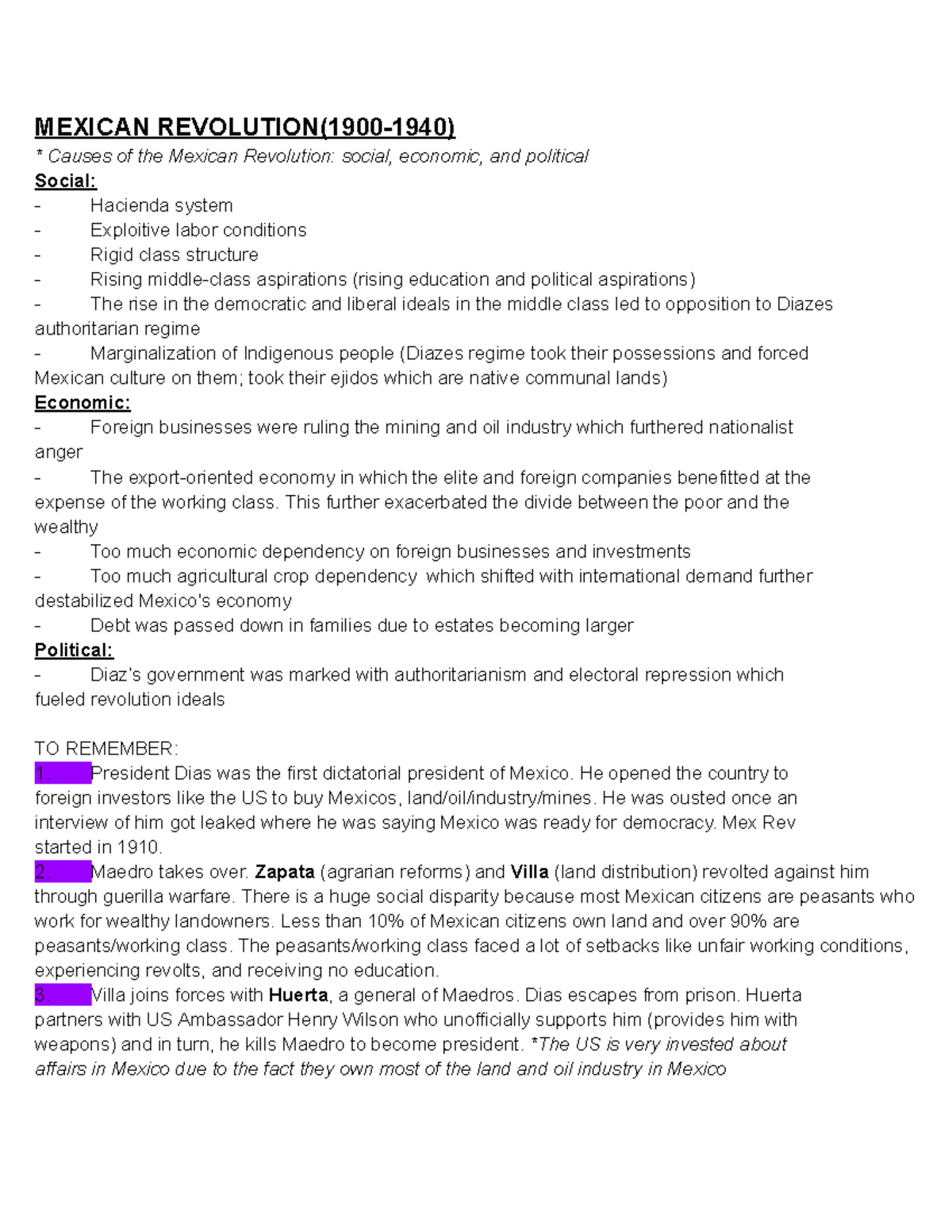 IB History Study Guide P3 - MEXICAN REVOLUTION(1900-1940) Causes of the ...