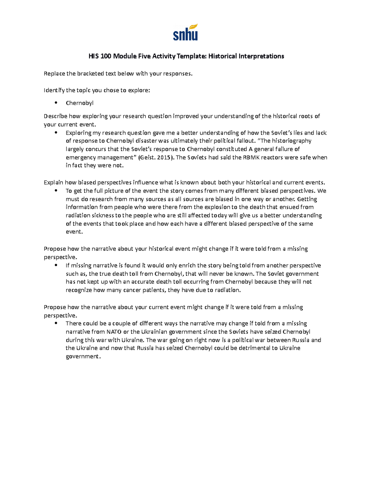 HIS 100 Module Five Activity Template - Identify the topic you chose to ...