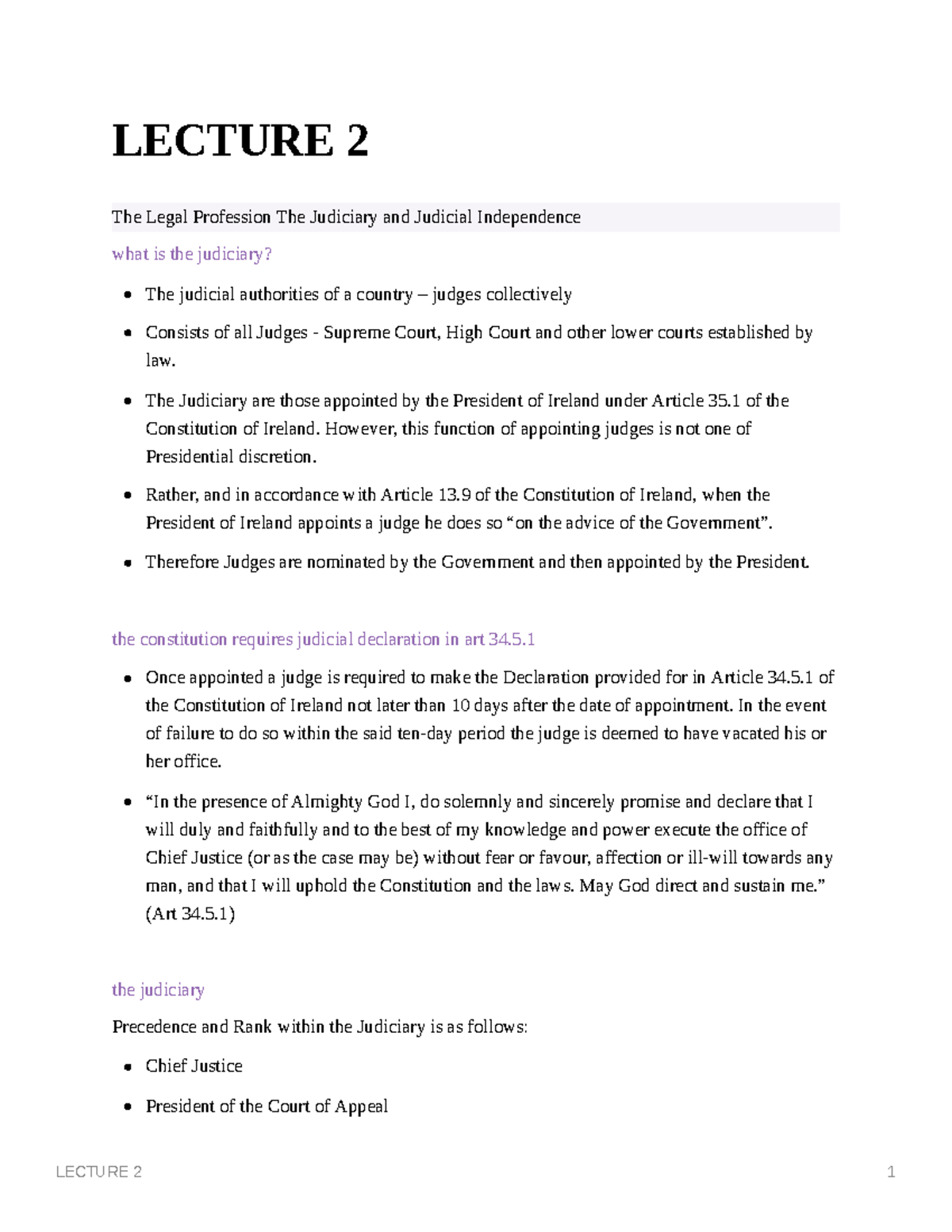 Lecture 2 notes 2021 - LECTURE 2 The Legal Profession The Judiciary and ...