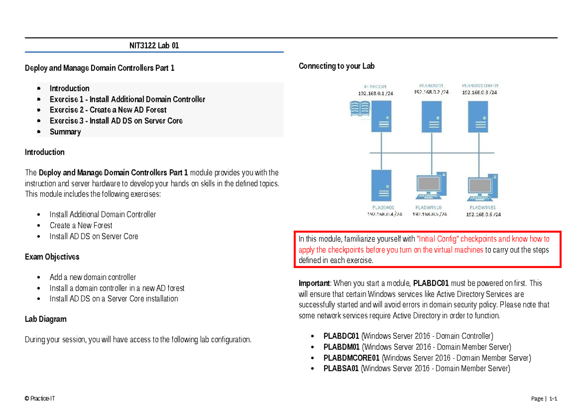 NIT3122 Lab 01 - NIT3122 Lab 01 Deploy and Manage Domain Controllers ...