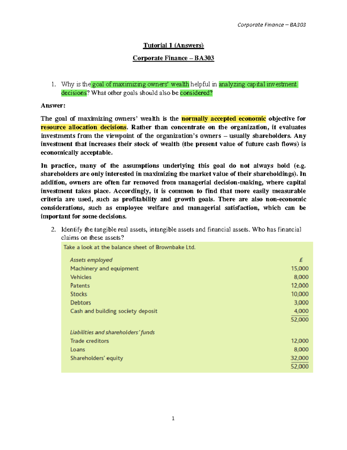 Tutorial 1 - Solution - good - Corporate Finance – BA 1 Tutorial 1 ...