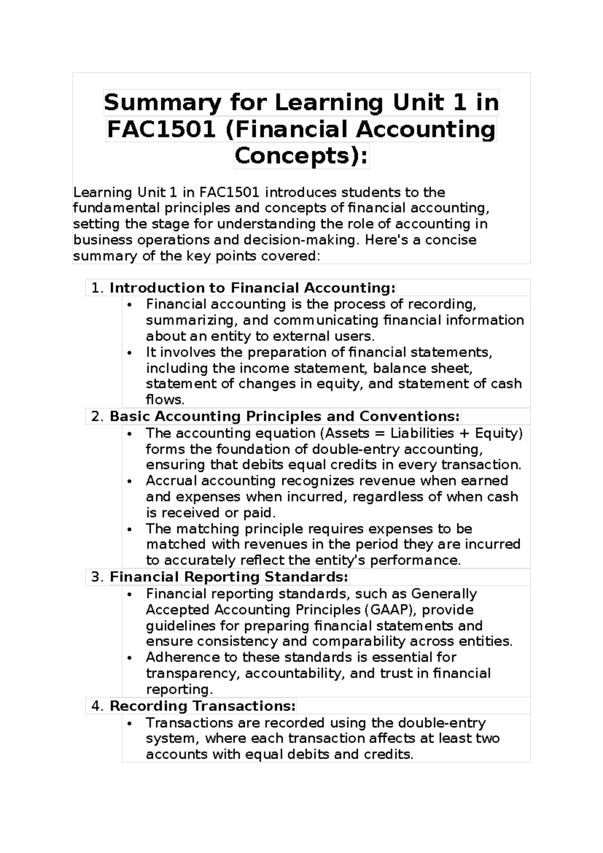 Summary for Learning Unit 1 in FAC1501 - Here's a concise summary of the key points covered: 1 ...