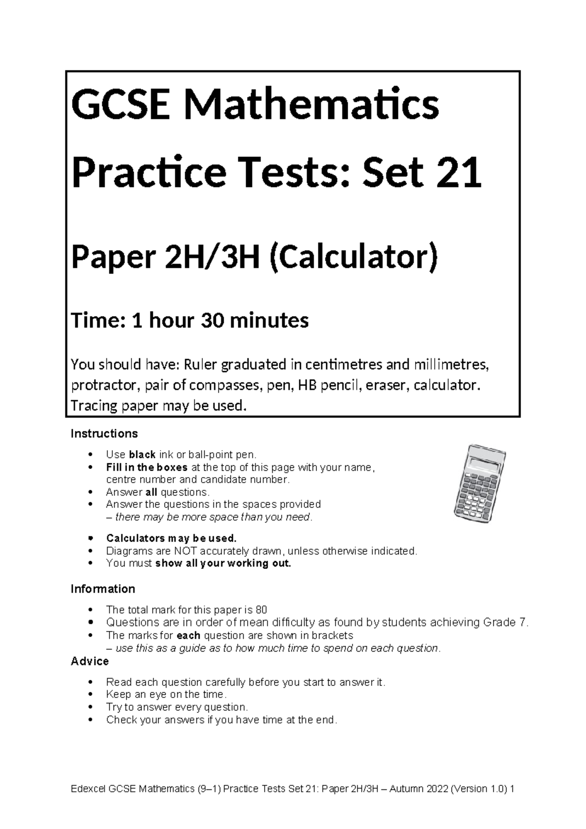 07 Practice Tests Set 21 - Paper 2H-3H - GCSE Mathematics Practice ...