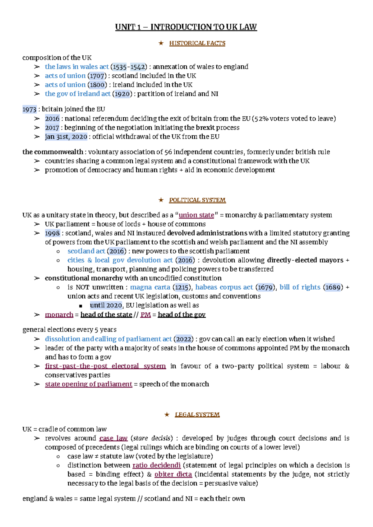 Fiches legal english S4 - UNIT 1 – INTRODUCTION TO UK LAW ★ HISTORICAL ...
