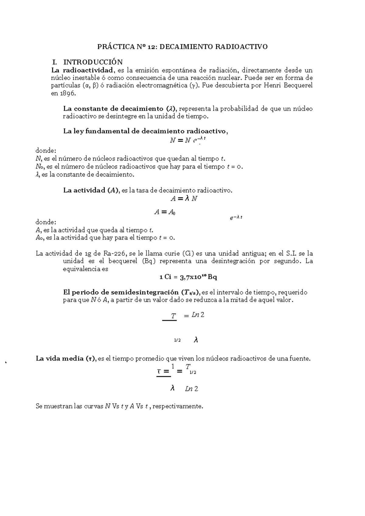 12 Decaimiento Radioactivo-converted - PRÁCTICA Nº 12: DECAIMIENTO ...
