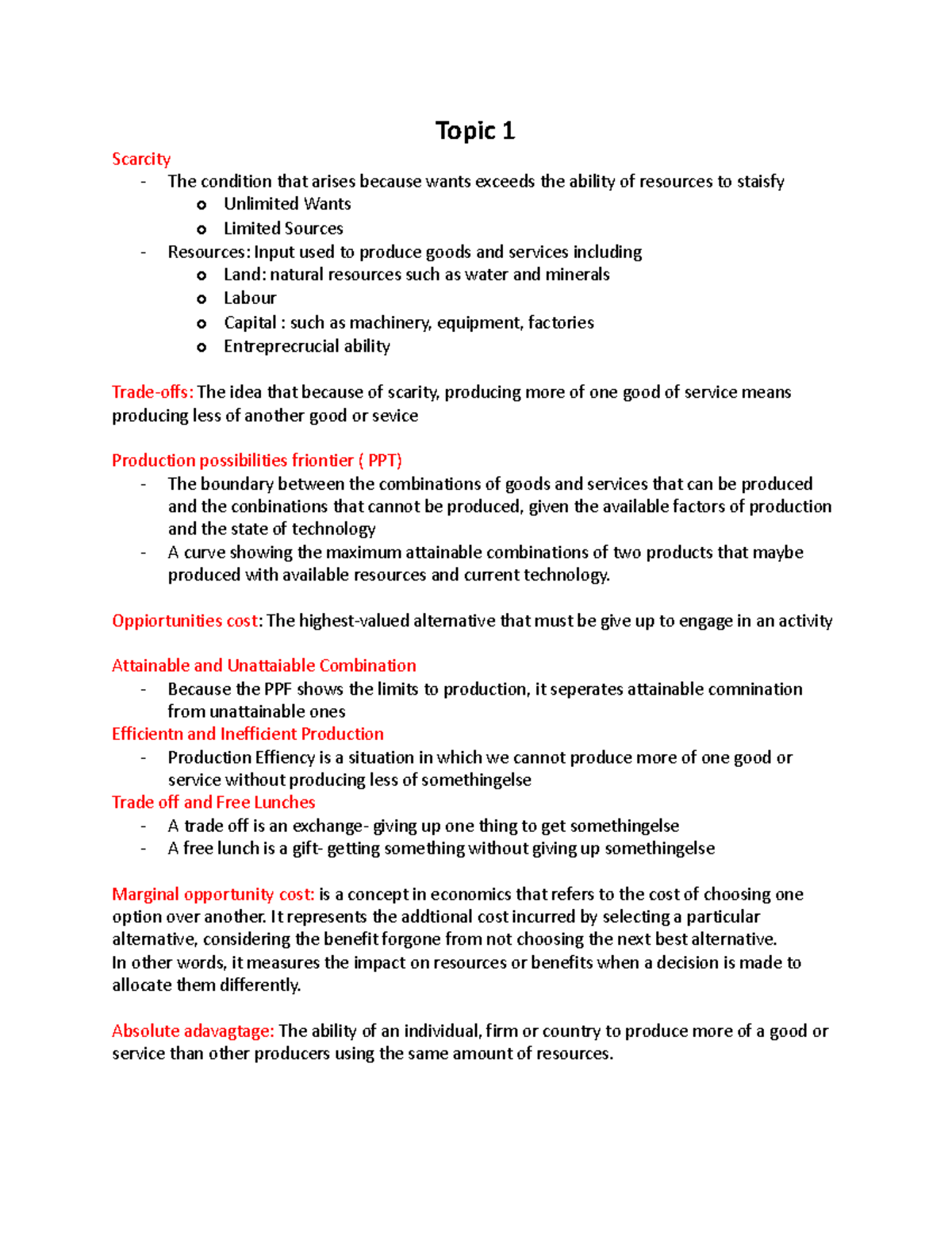 Econ Notes - Topic 1 Scarcity - The condition that arises because wants ...