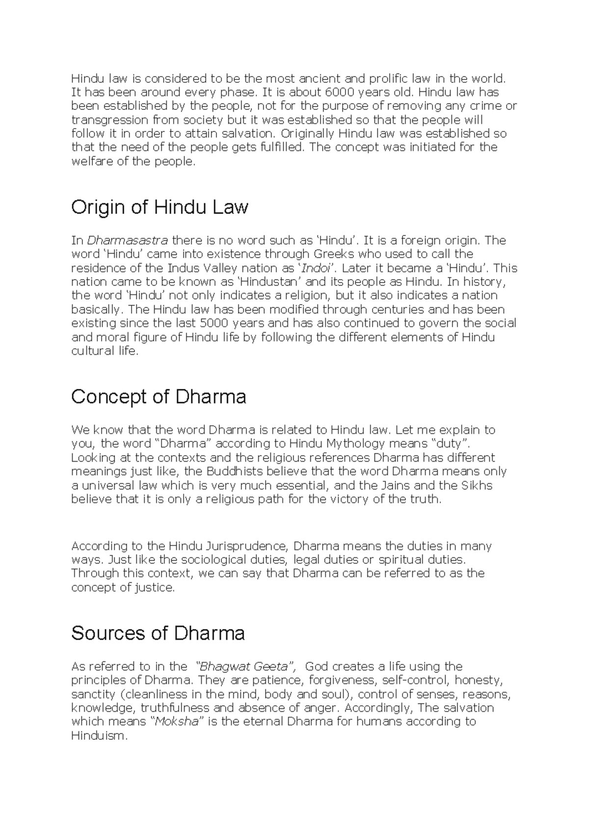 1 - leture notes - Hindu law is considered to be the most ancient and ...