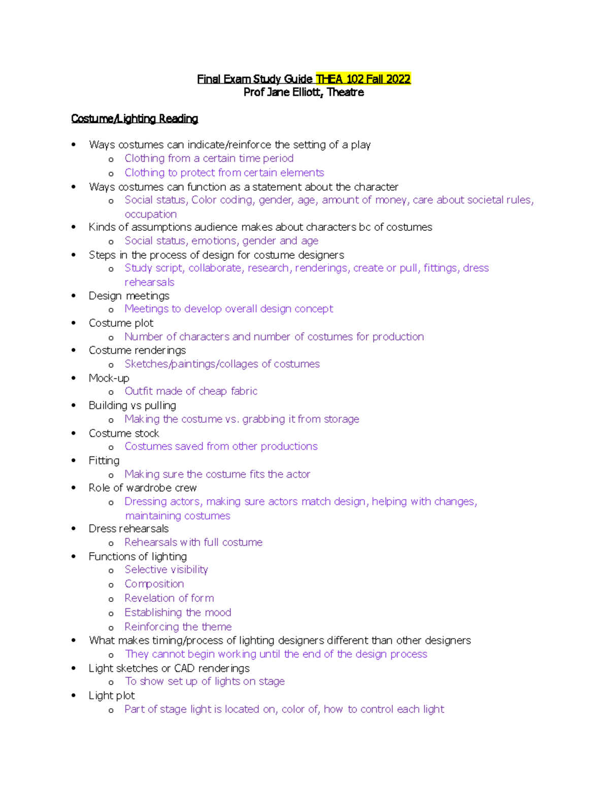 THEA Final Study Guide - Review mess - Final Exam Study Guide THEA 102 ...