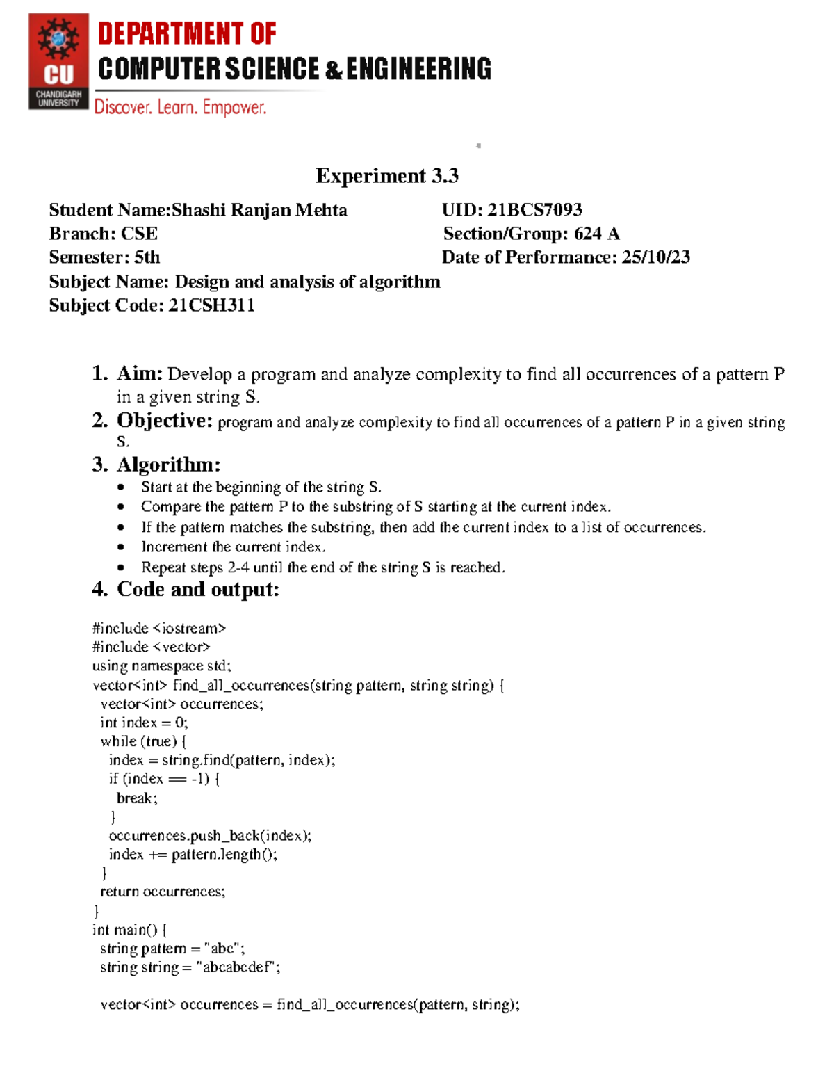 Daa 3.3 - Alasso - worksheet - DEPARTMENT OF COMPUTER SCIENCE & ENGINEERING Experiment 3. 3 ...