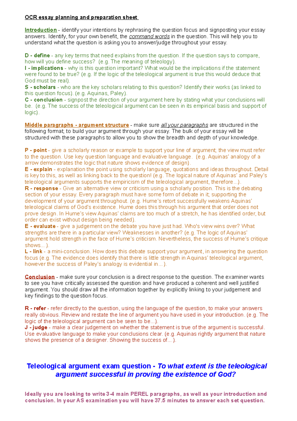 Teleologicalargument-essayplanstructuringsheet - OCR essay planning and ...