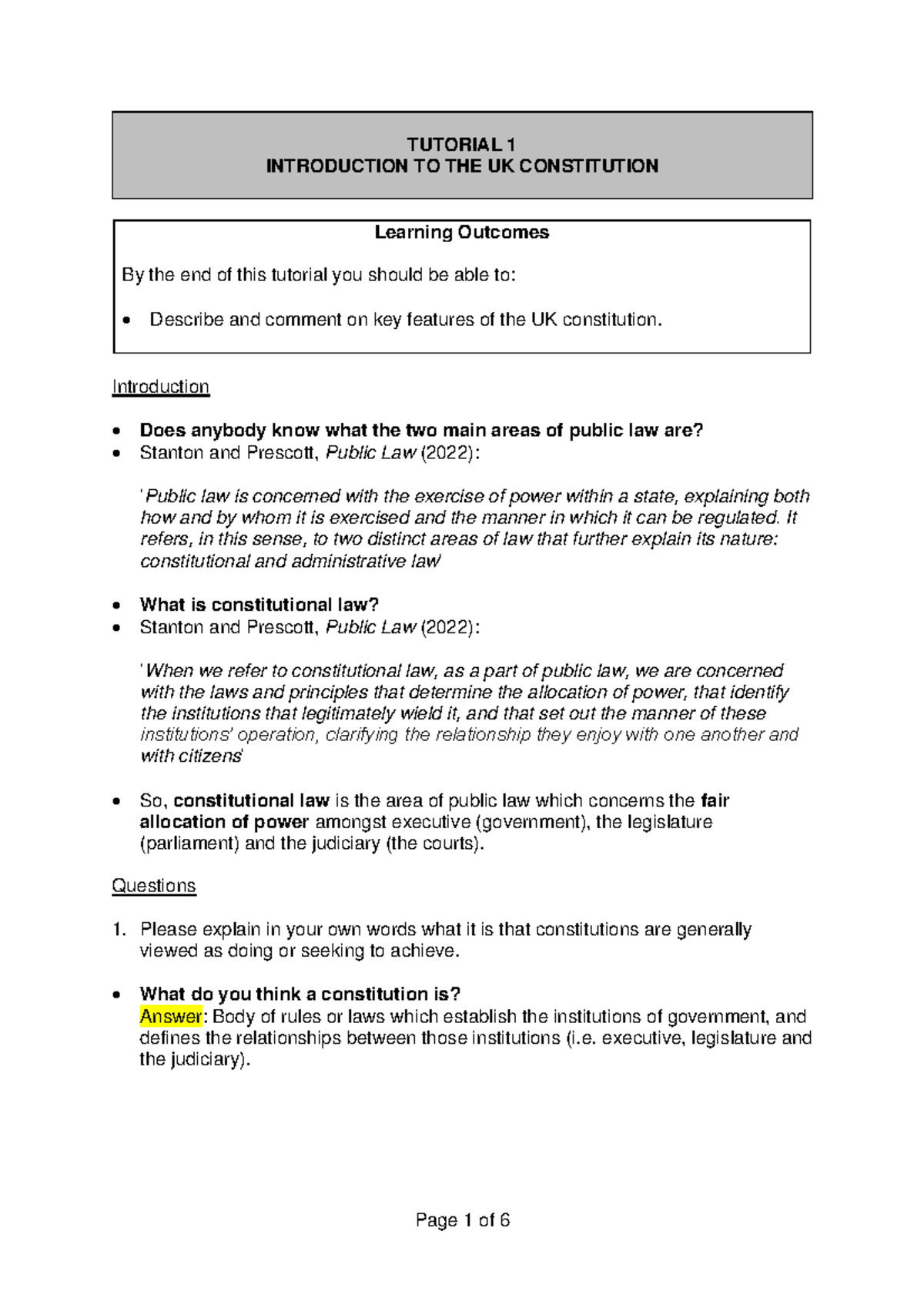 Tutorial 1, Intro to the UK Constitution - TUTORIAL 1 INTRODUCTION TO ...