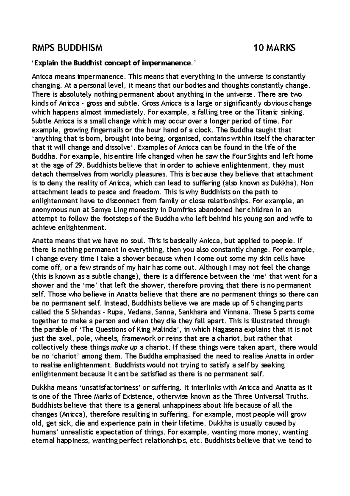 3 Marks of Existence essay - RMPS BUDDHISM 10 MARKS ‘Explain the ...