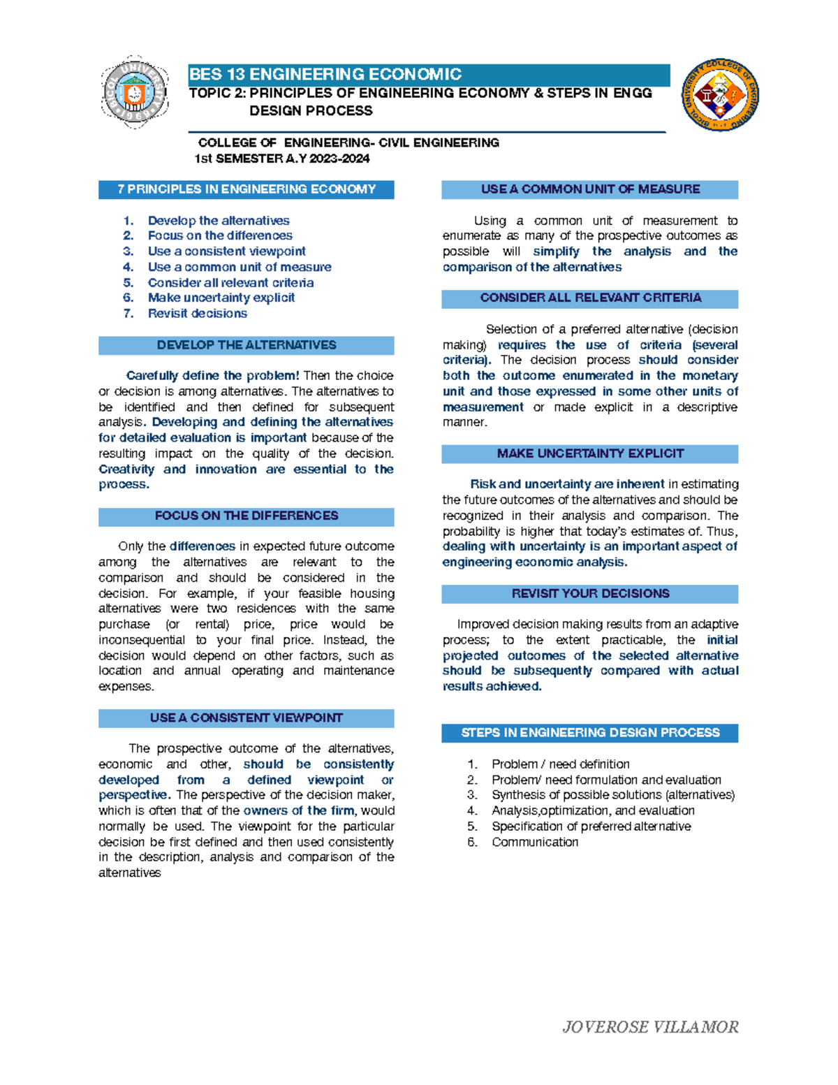 ECON Topic 2 - notes - BES 13 ENGINEERING ECONOMIC TOPIC 2: PRINCIPLES ...