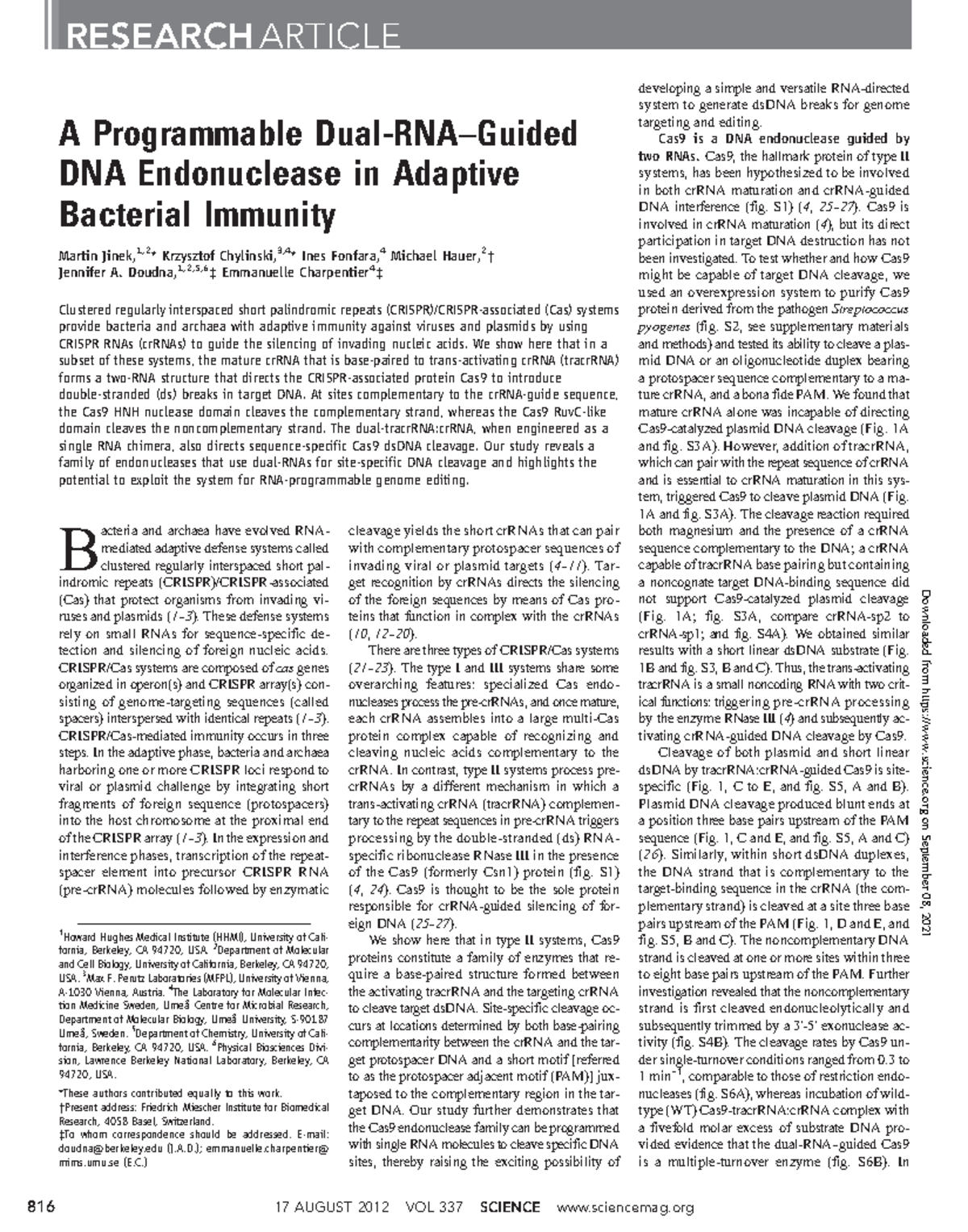 Paper Critique 1 Jinek 2012 - A Programmable Dual-RNA–Guided DNA ...