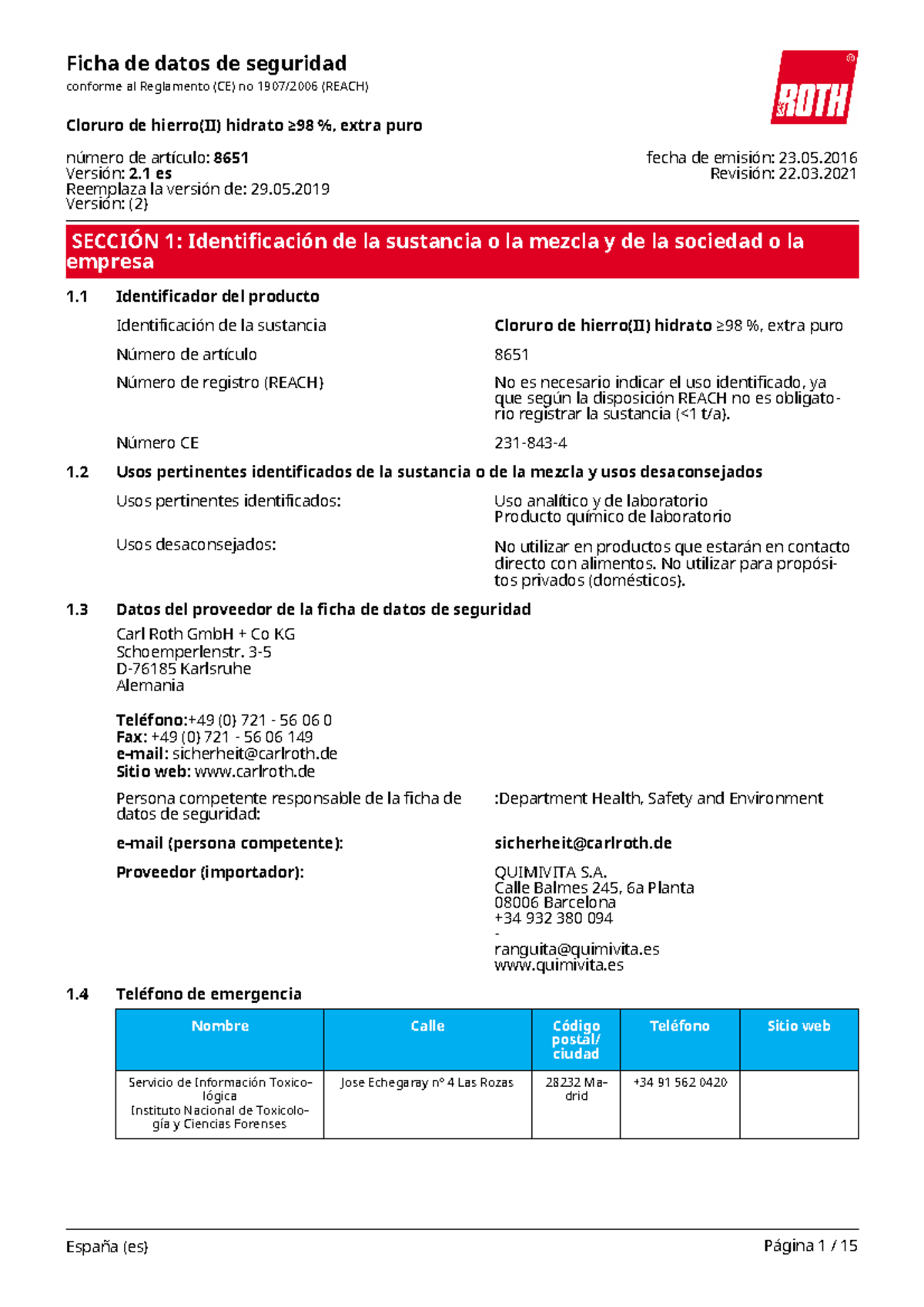 HDS Fe Cl2 - Hojas de seguridad - SECCIÓN 1: Identificación de la ...