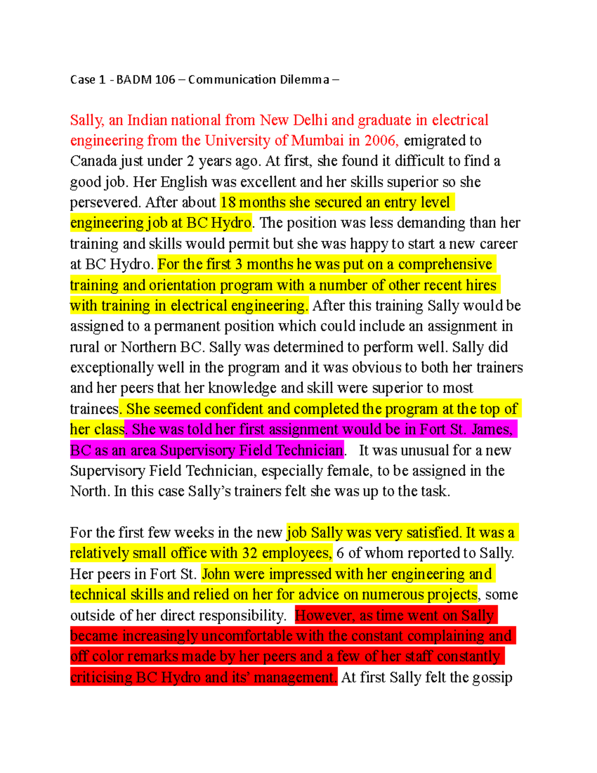 Case 1 Sally...personality perception emotions - Case 1 - BADM 106 ...