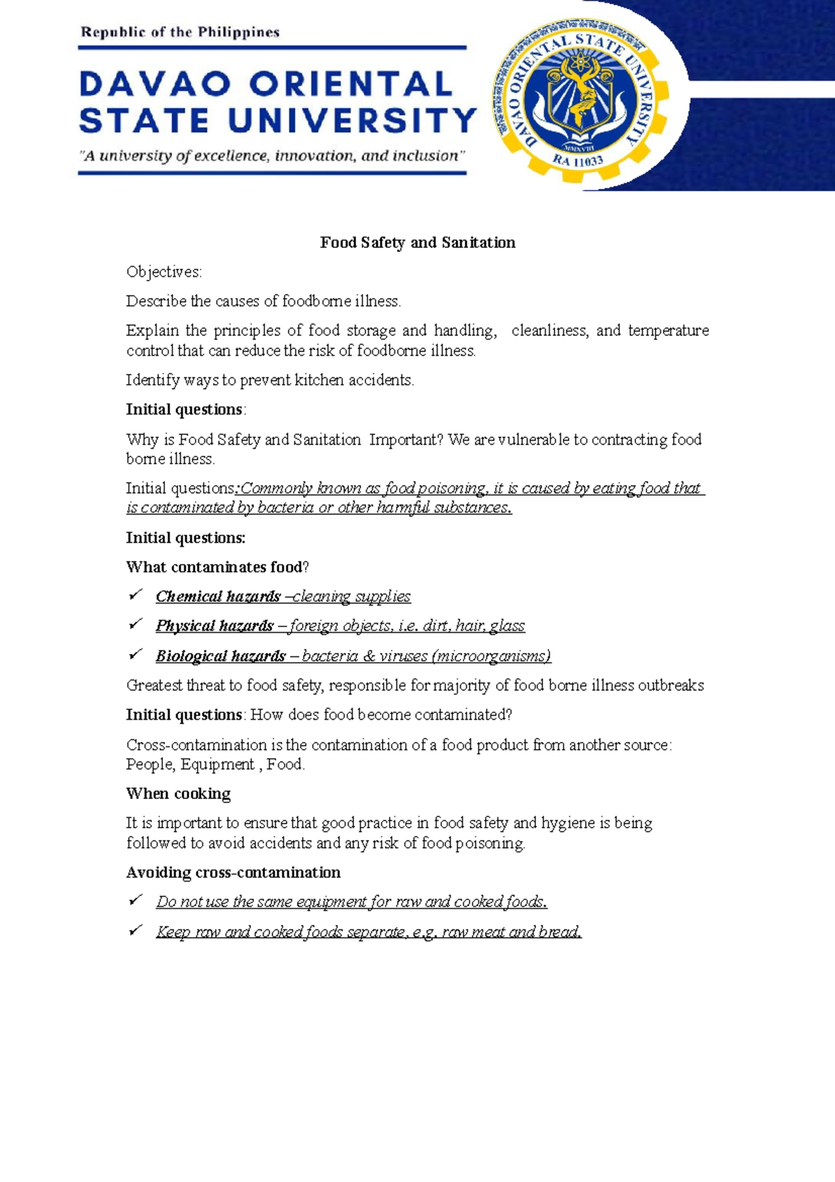 Notes - BTLE 125 - Food Safety and Sanitation Objectives: Describe the ...