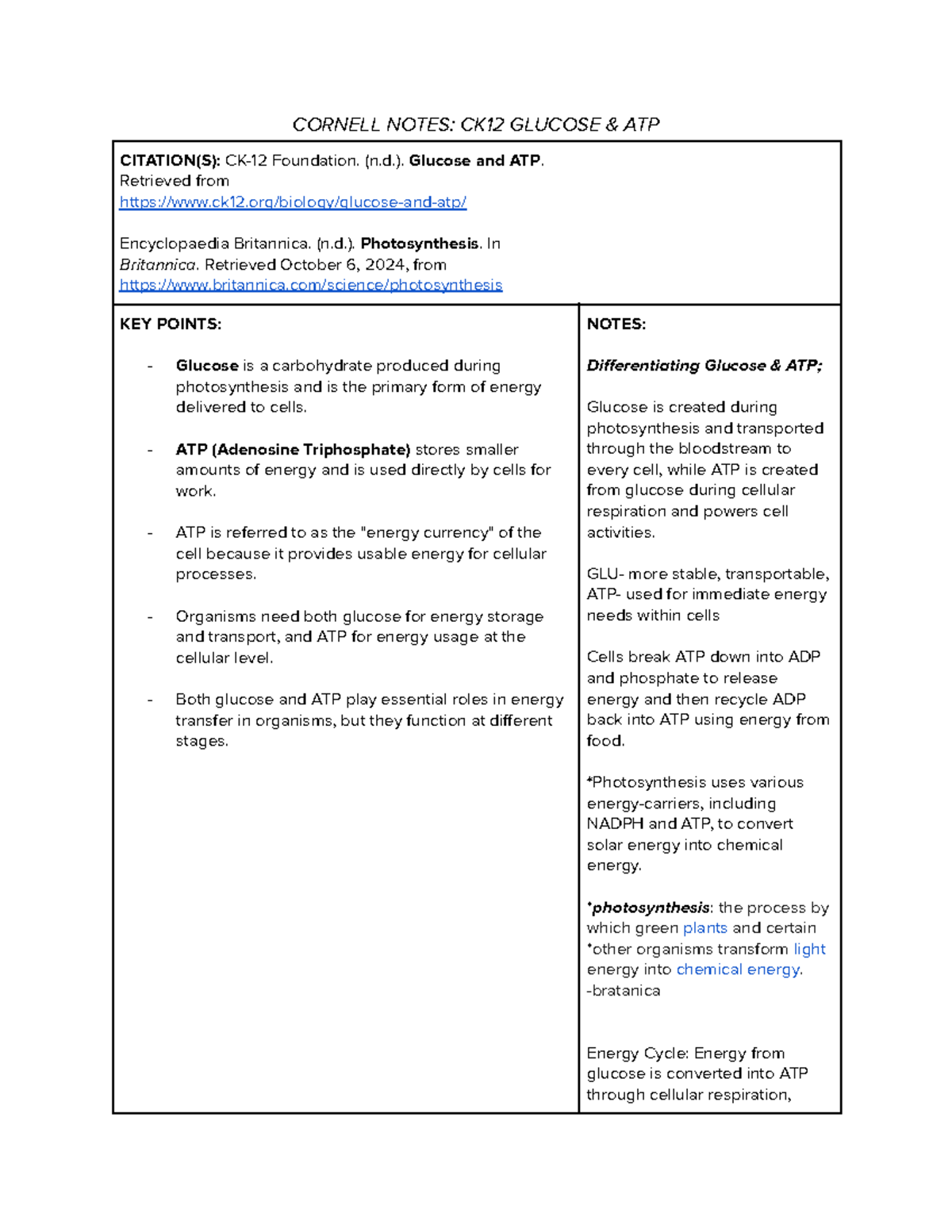 Cornell Notes CK12 Glucose & ATP - CORNELL NOTES: CK12 GLUCOSE & ATP ...