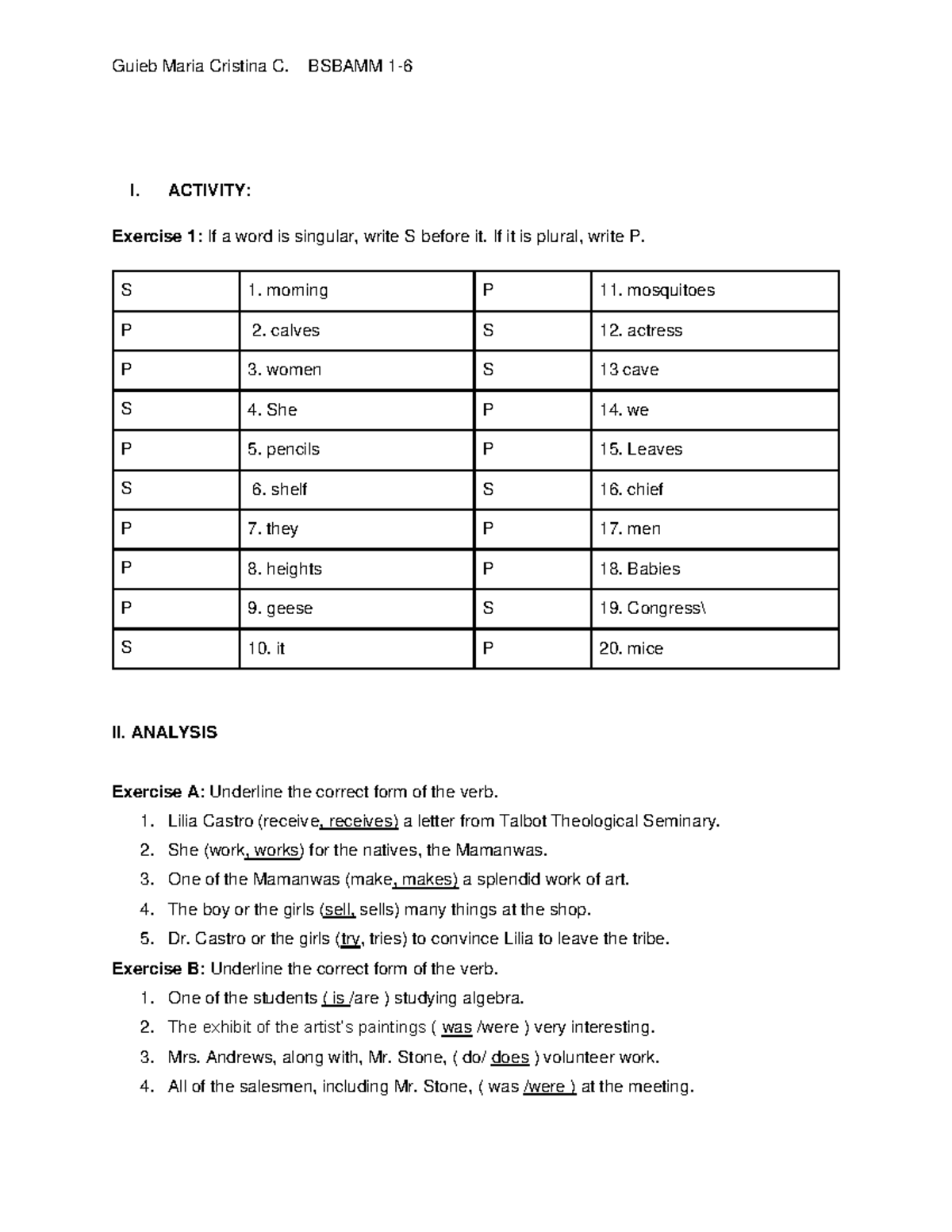 Guieb Maria Cristina C - Thank you - I. ACTIVITY: Exercise 1: If a word is singular, write S ...